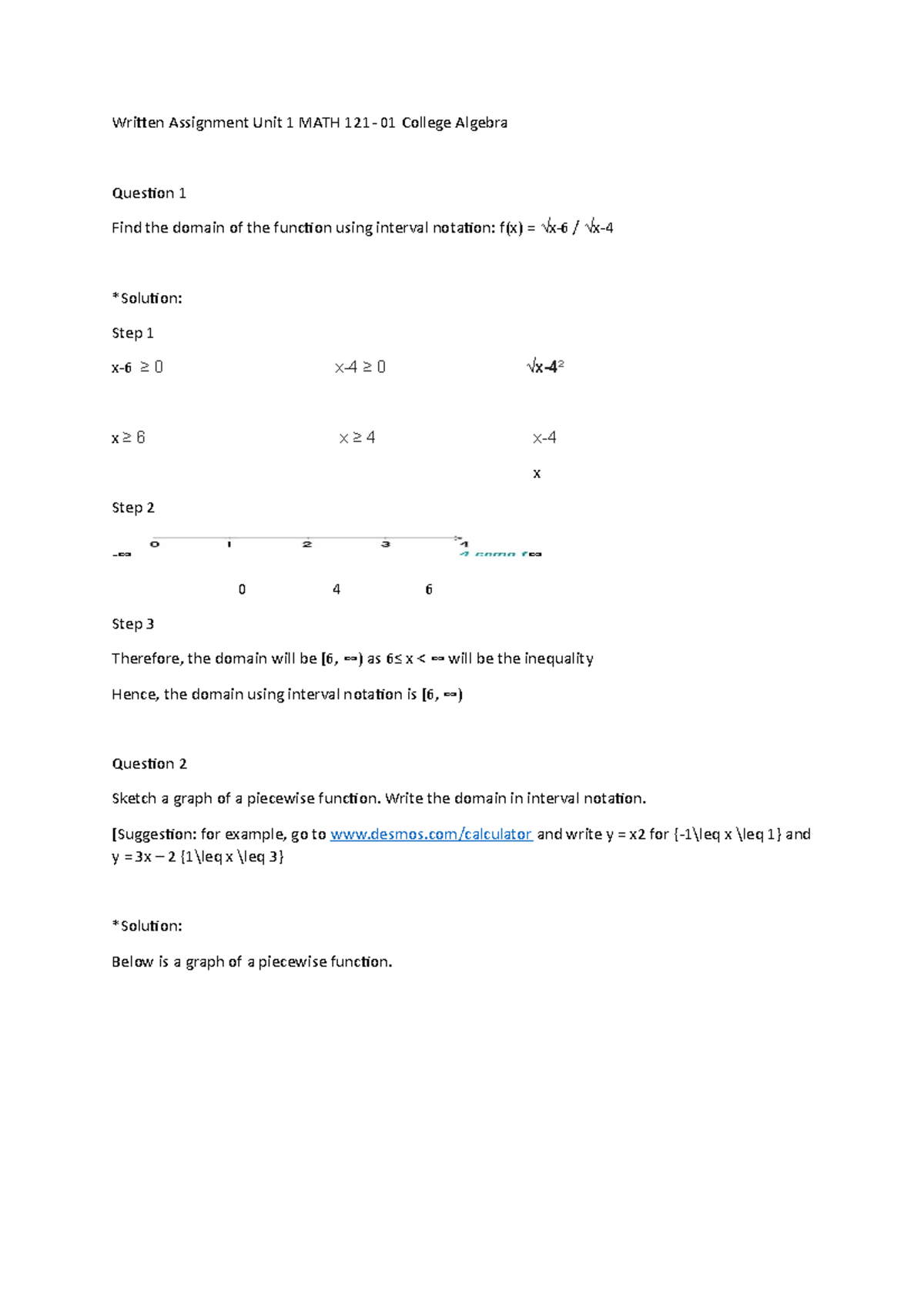 Written Assignment UNIT 1 College Algebra - Written Assignment Unit 1 MATH 121- 01 College ...