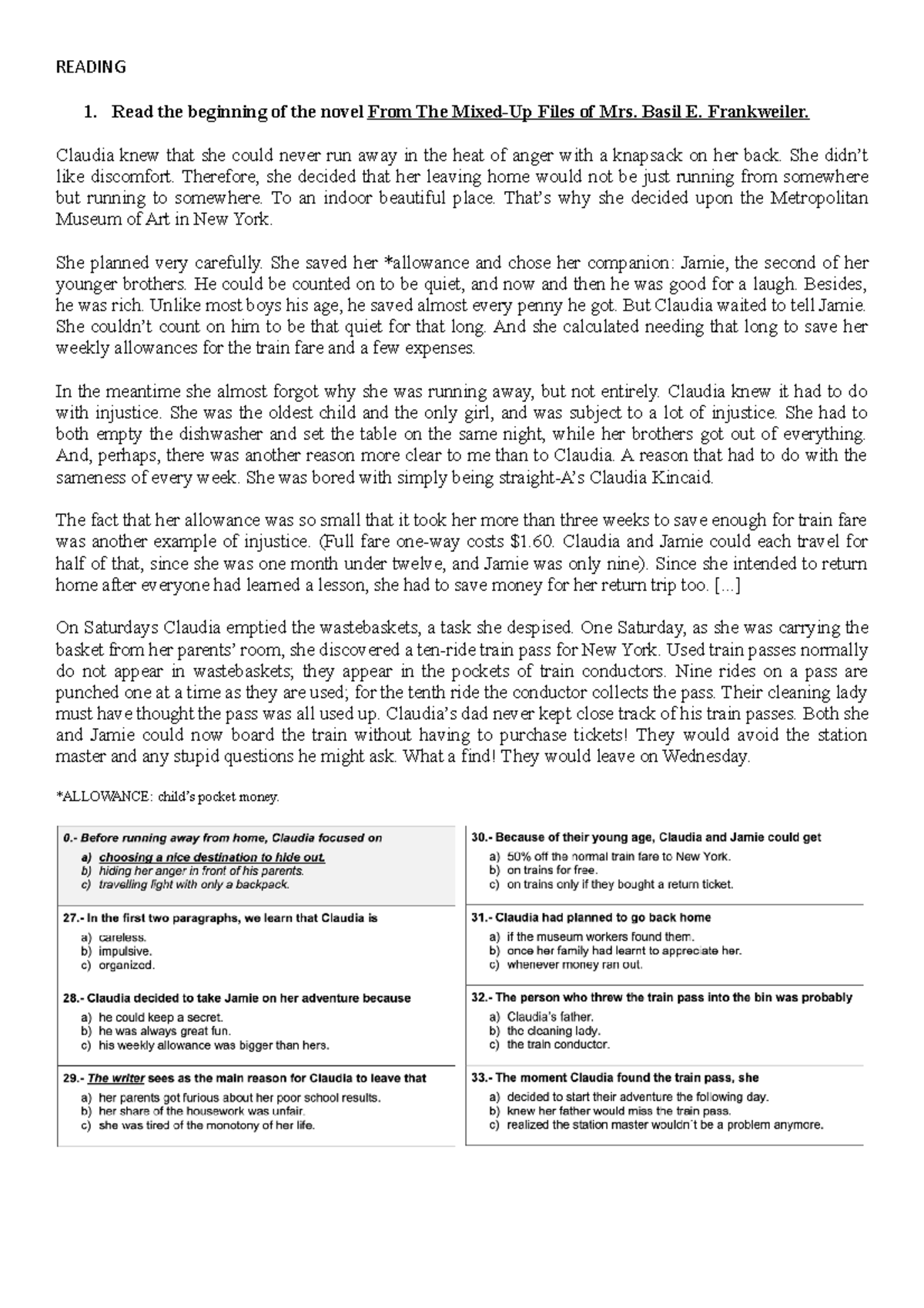 Reading-E - reading practice - Read the beginning of the novel From The Mixed-Up Files of Mrs ...