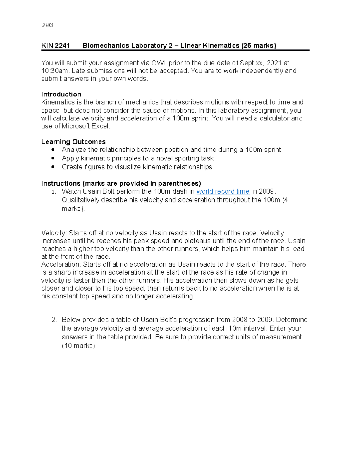 KIN 2241 Laboratory 2 - LAB assignment - KIN 2241 Biomechanics ...