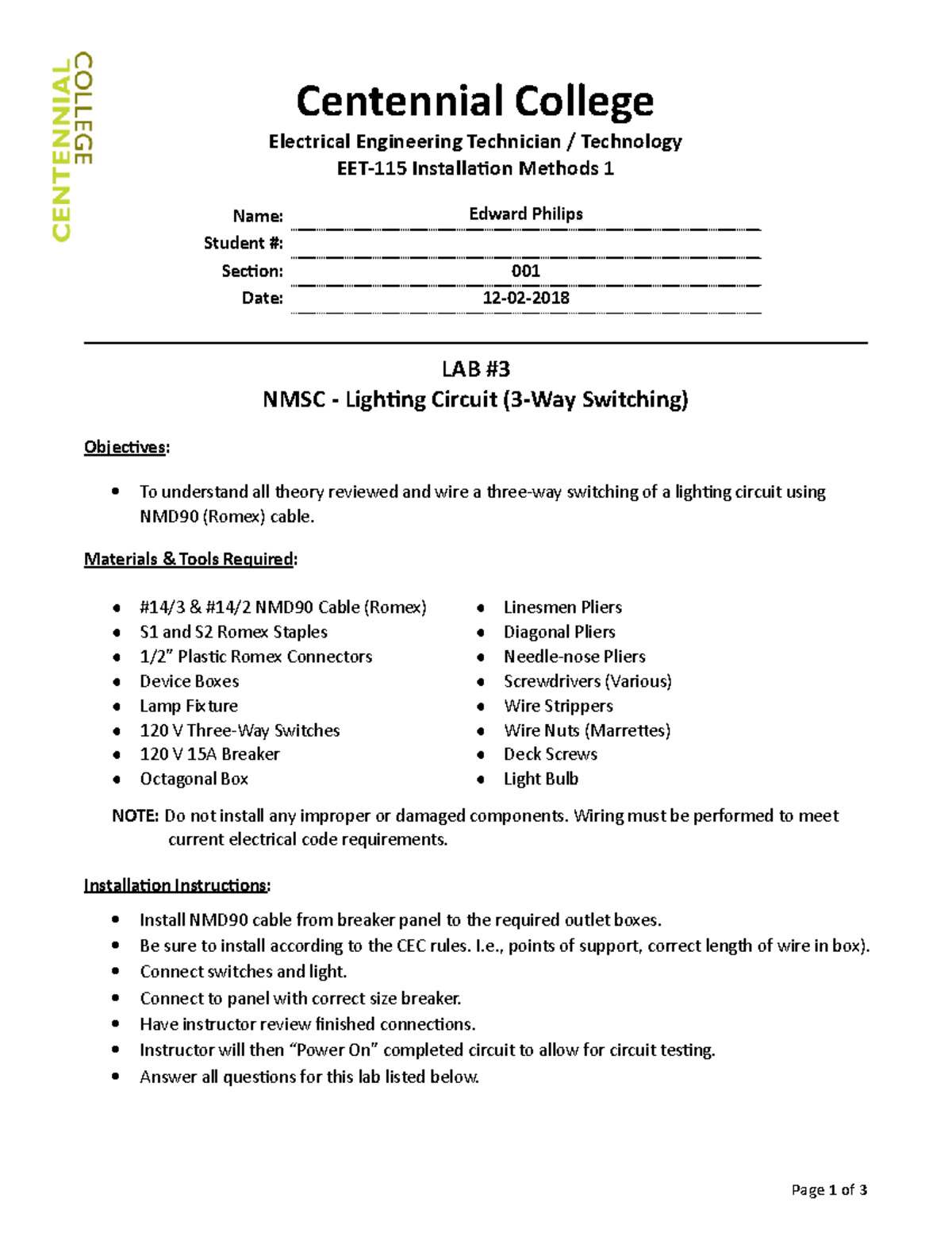 Three way switching EETt 115 using NMSC cable - Centennial College ...