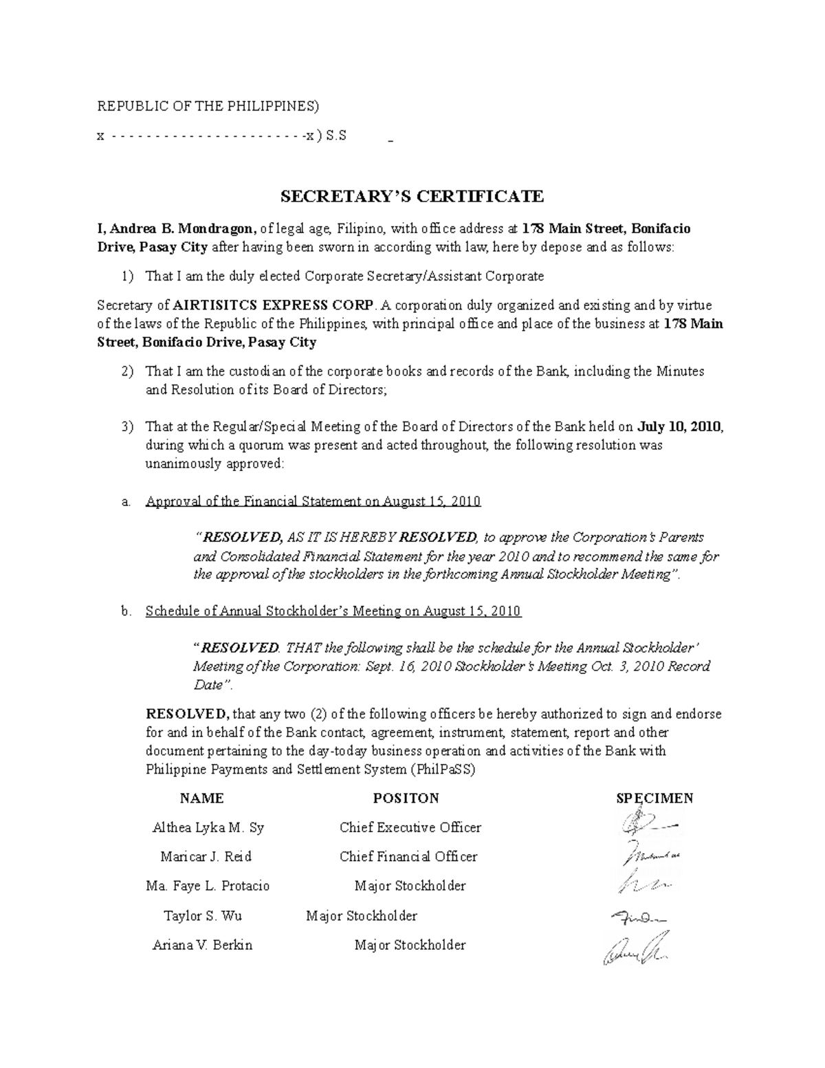 Secretary's Certificate - REPUBLIC OF THE PHILIPPINES) x -x ) S ...