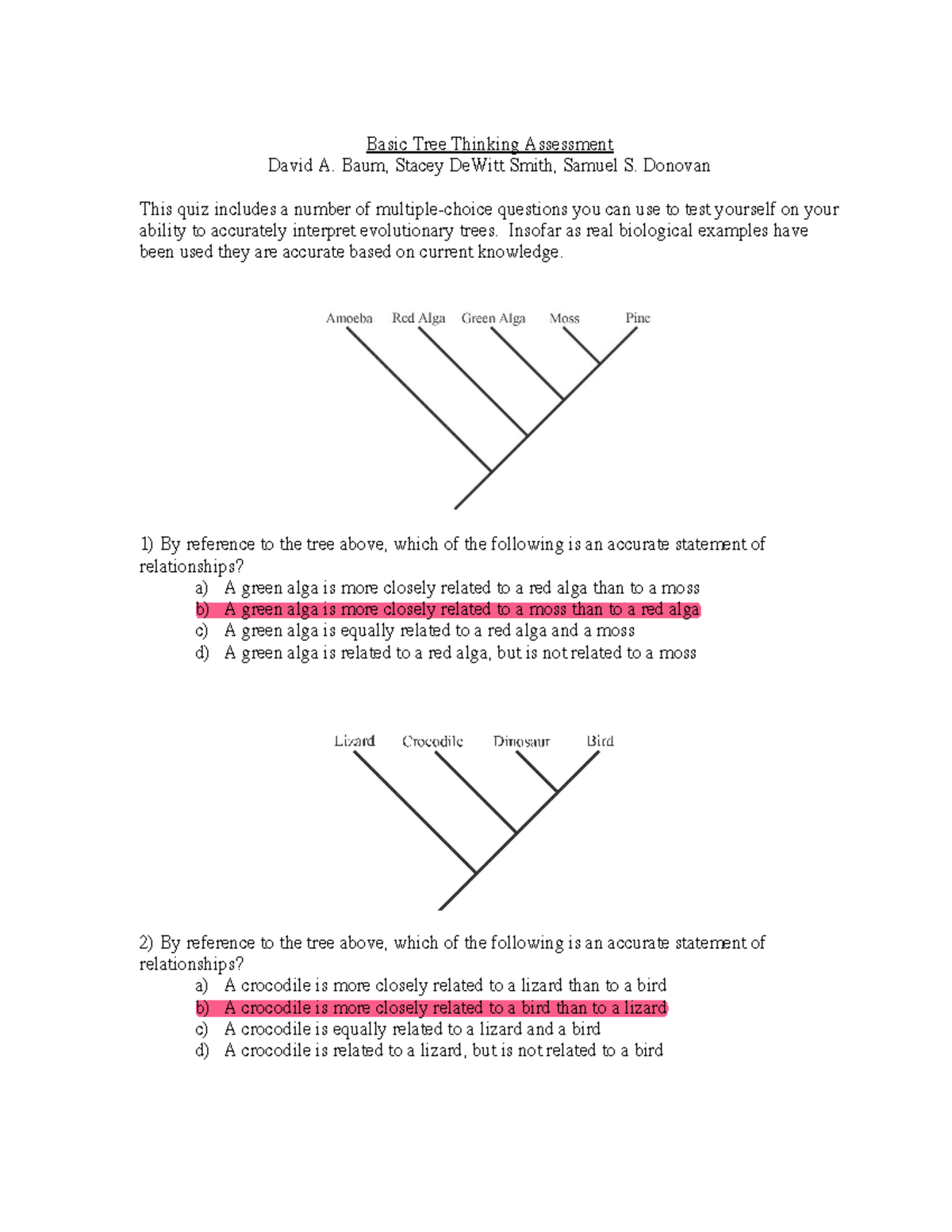 BIOL 4342 Worksheet 5 - Basic Tree Thinking Assessment David A. Baum ...
