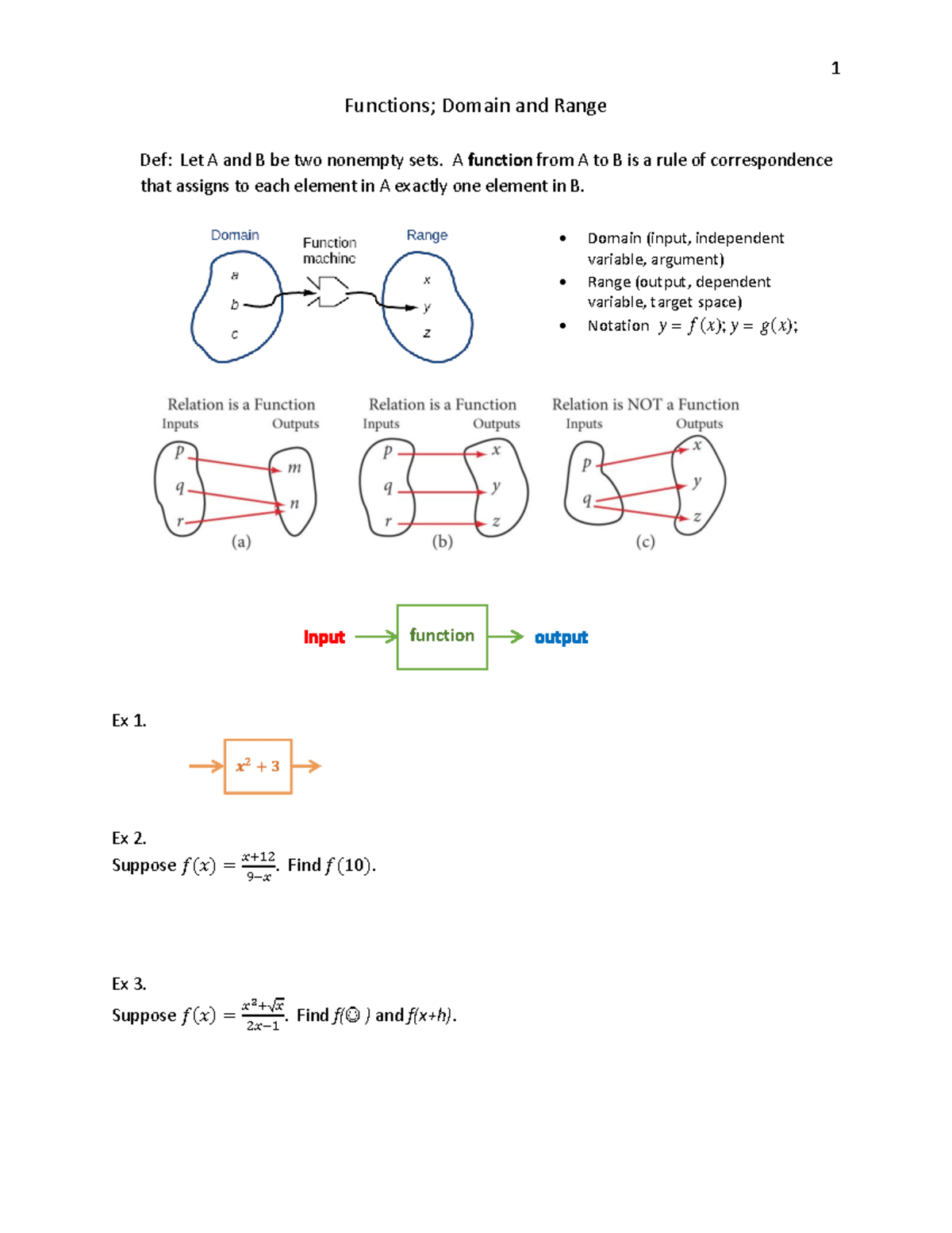 CN1-1 Functions-D&R,DQ,PWDF - Functions; Domain and Range Def: Let A ...