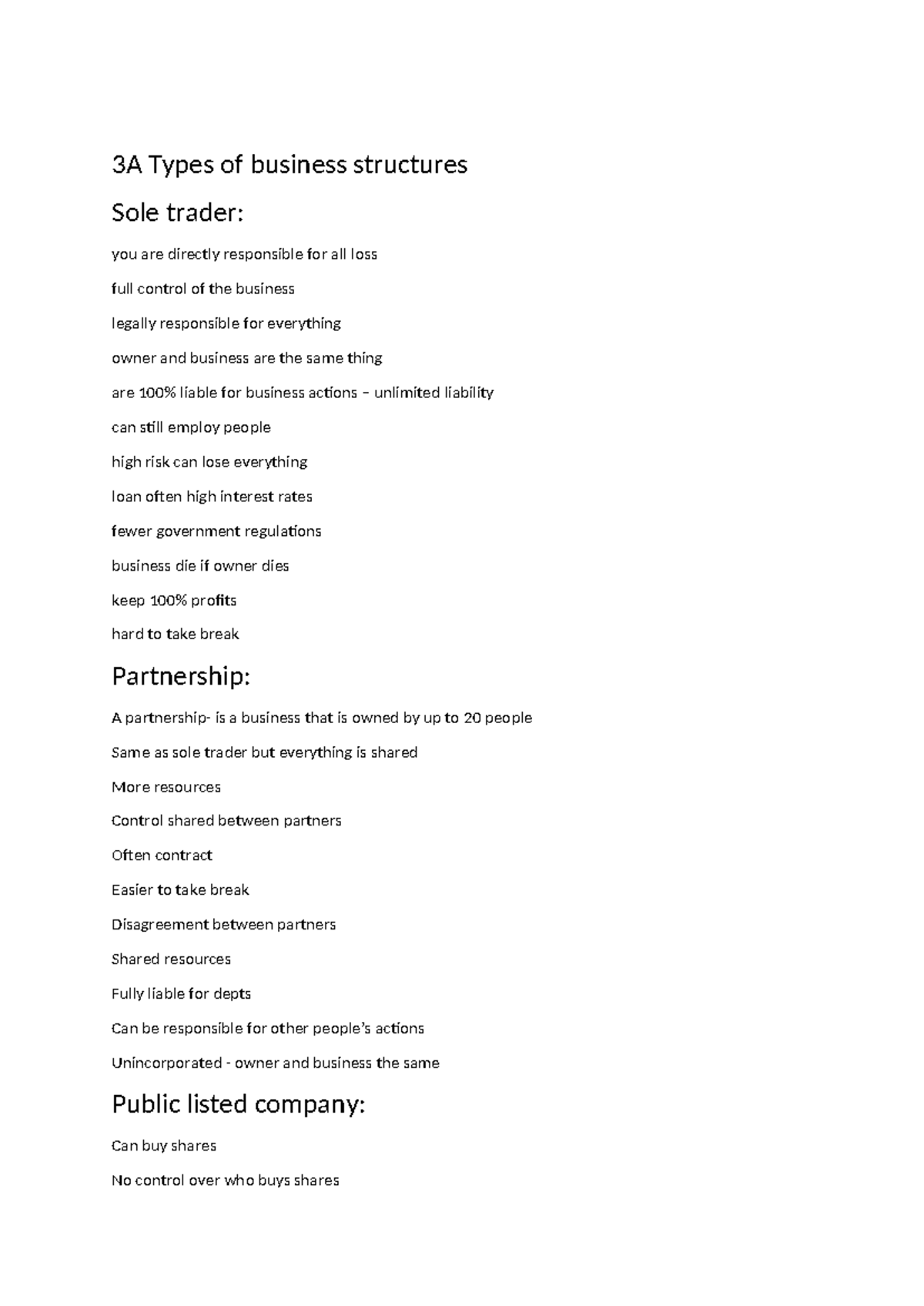 aos 3 master notes - 3A Types of business structures Sole trader ...