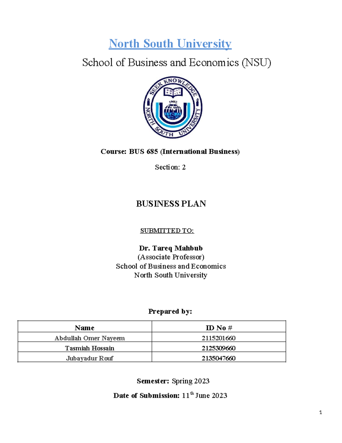 Accelerex Business Plan - North South University School of Business and ...