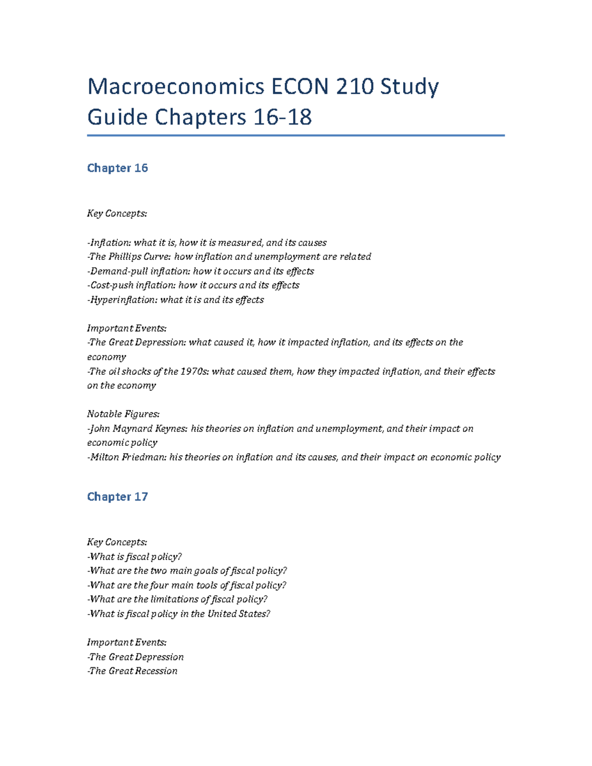 Macroeconomics ECON 210 Study Guide Chapters 16-18 - Macroeconomics ...