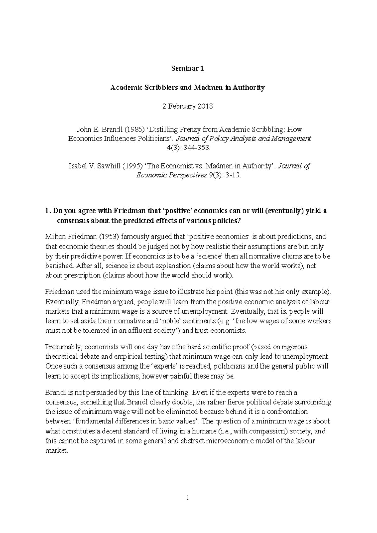 Seminar 1Notes - Seminar 1 Academic Scribblers and Madmen in Authority ...