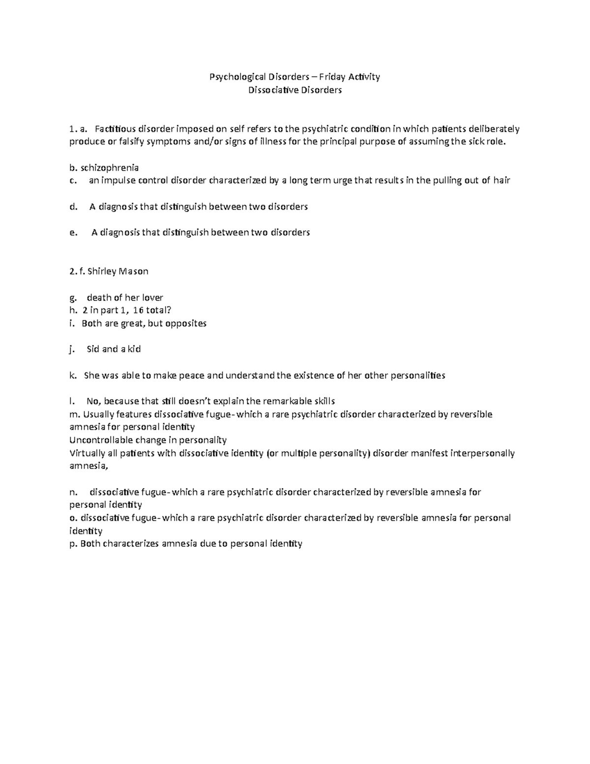 PSYC 101. Psychological Disorders. Friday+Answer+Sheet - Psychological ...