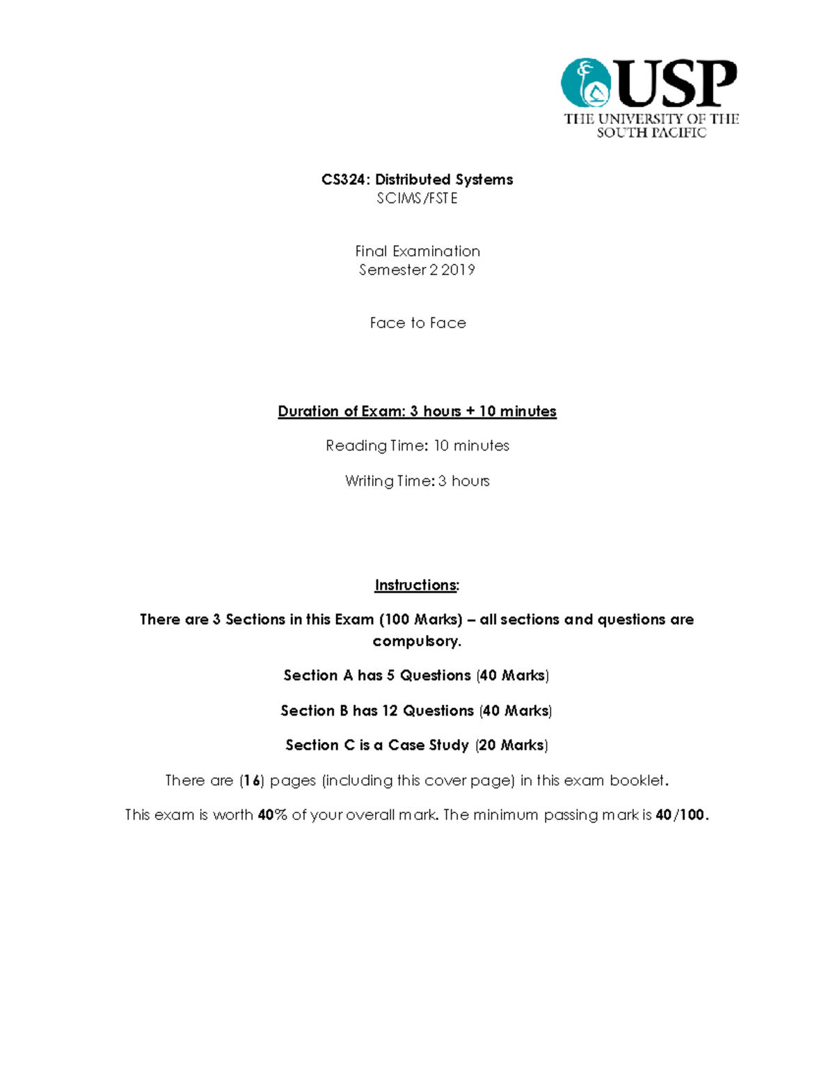 CS324 Exam - 2019 - Exam - CS324: Distributed Systems SCIMS/FSTE Final Examination Semester 2 ...