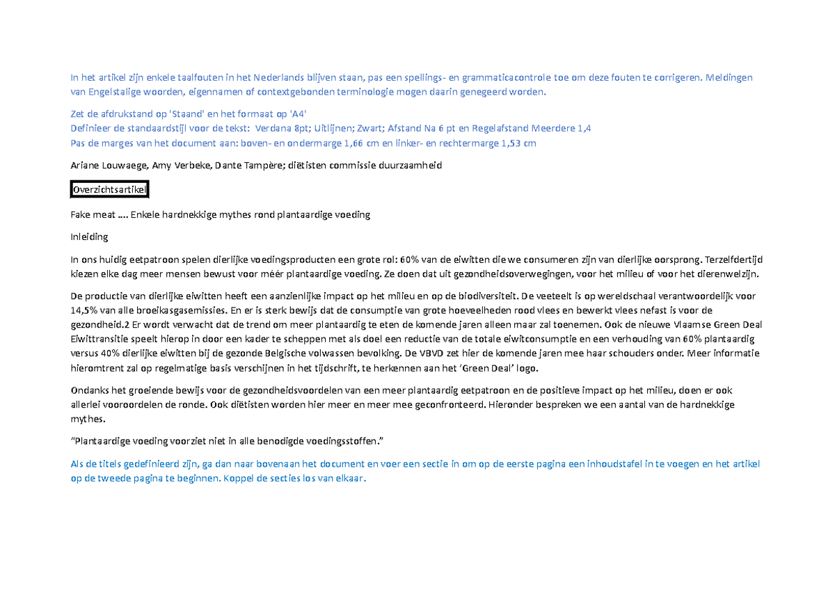 [opdracht en richtlijnen] oefening algemene opmaak - In het artikel ...