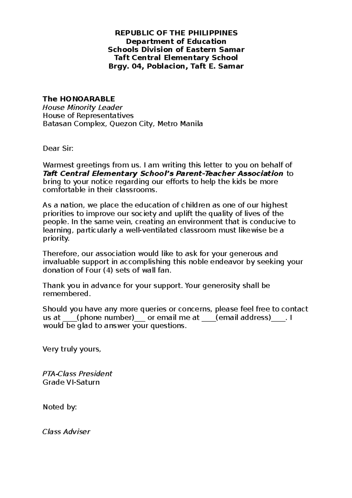 PTA-Solicitation Letter 1 - REPUBLIC OF THE PHILIPPINES Department of Education Schools Division ...