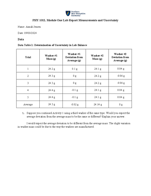 PHY 101L Module Three Lab Report Projectile Motion - Activity 1: Horizontal Projectile Motion ...