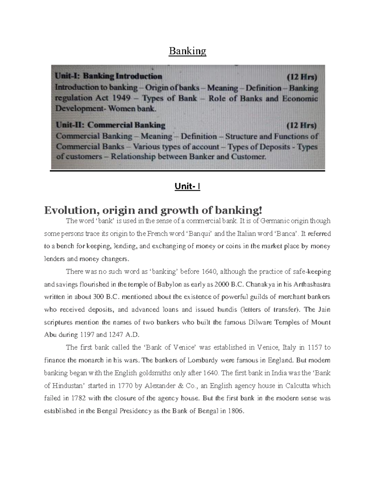 Unit- I - Banking - This material helps be a lot in Semester ...