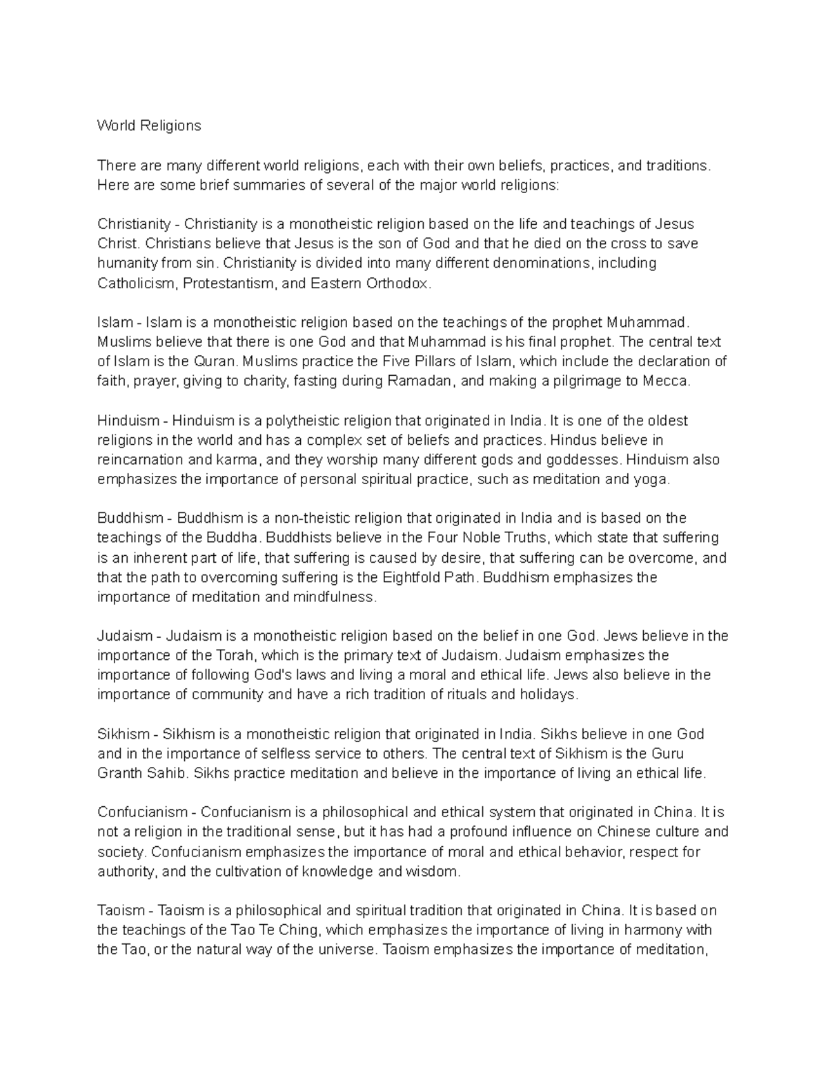 World Religions Summary - World Religions There are many different ...