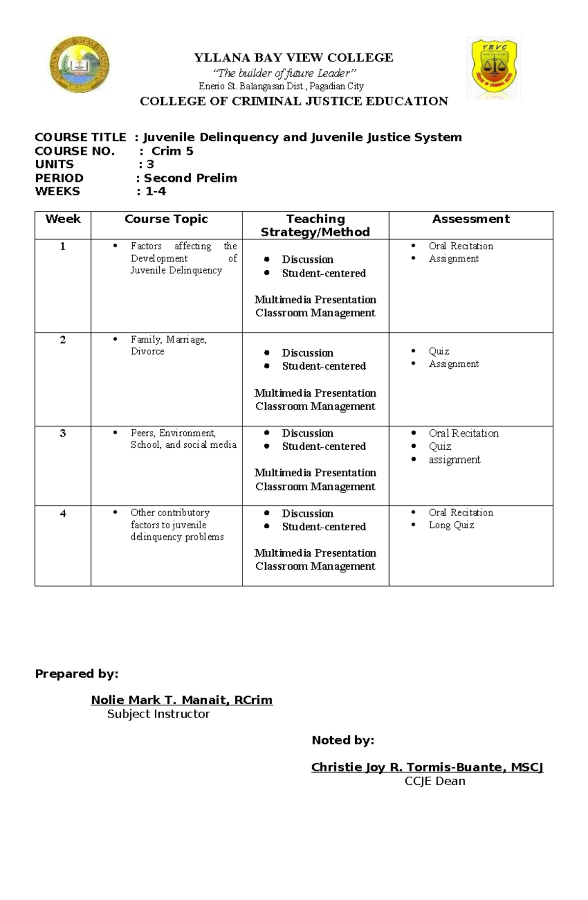 Course Outline CRIM5 1st Prelim - YLLANA BAY VIEW COLLEGE “The builder ...