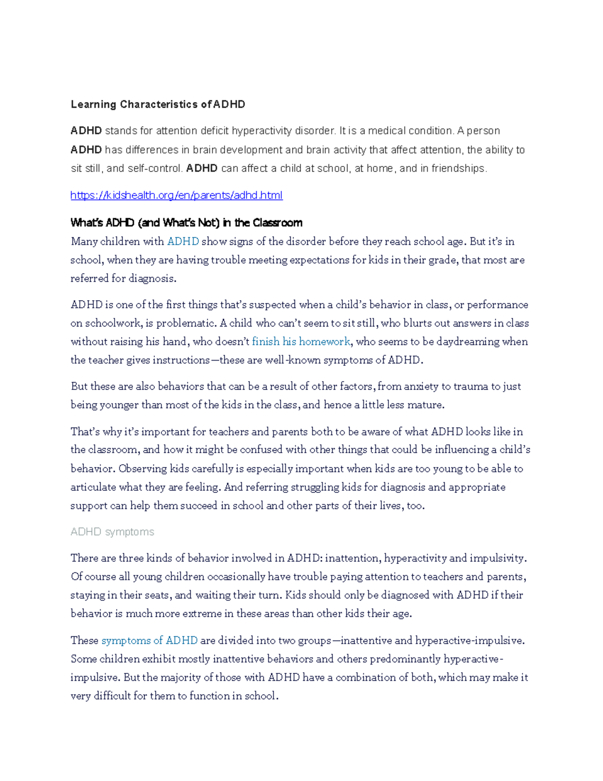 Learning characteristics of ADHD - Learning Characteristics of ADHD ...