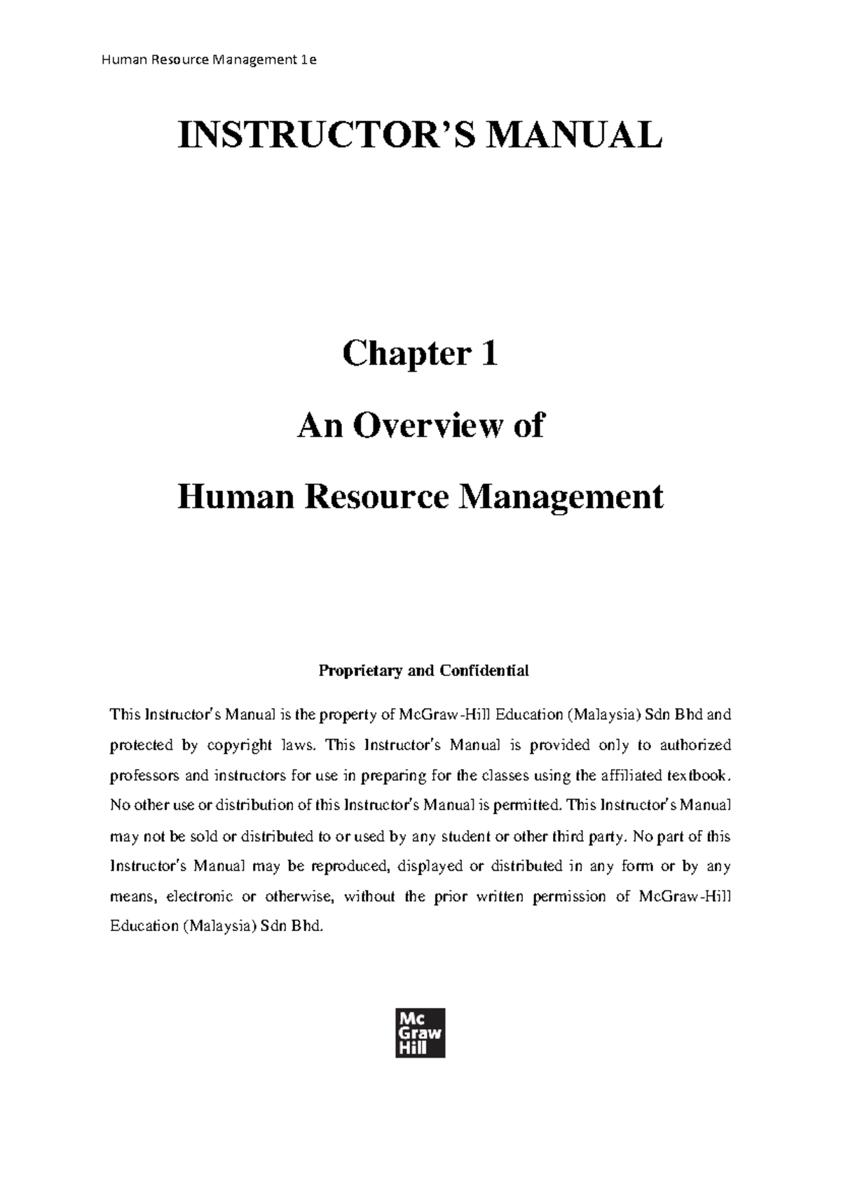HRM Chap 1 - Human Resource Management 1e INSTRUCTOR’S MANUAL Chapter 1 An Overview of Human ...