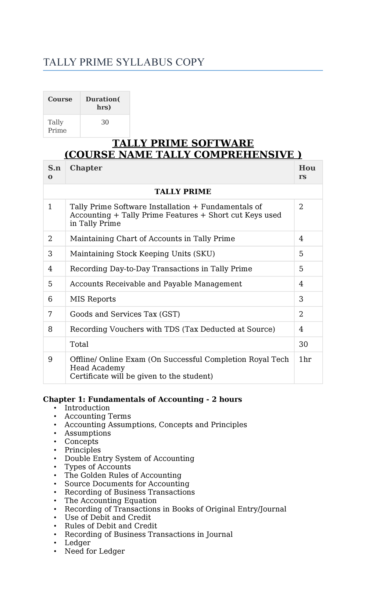 Tally Prime Syllabus Copy for 30 hrs - TALLY PRIME SYLLABUS COPY Course Duration( hrs) Tally ...