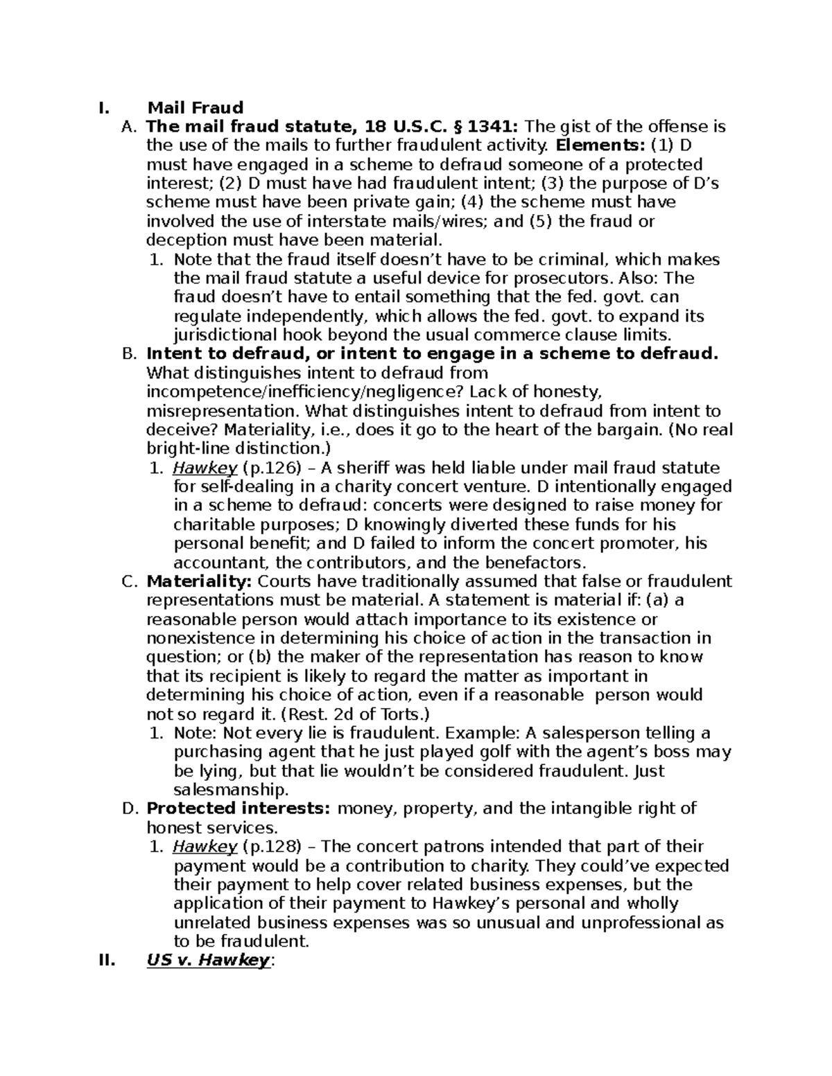 Paper - Research - Outline - I. Mail Fraud A. The mail fraud statute ...