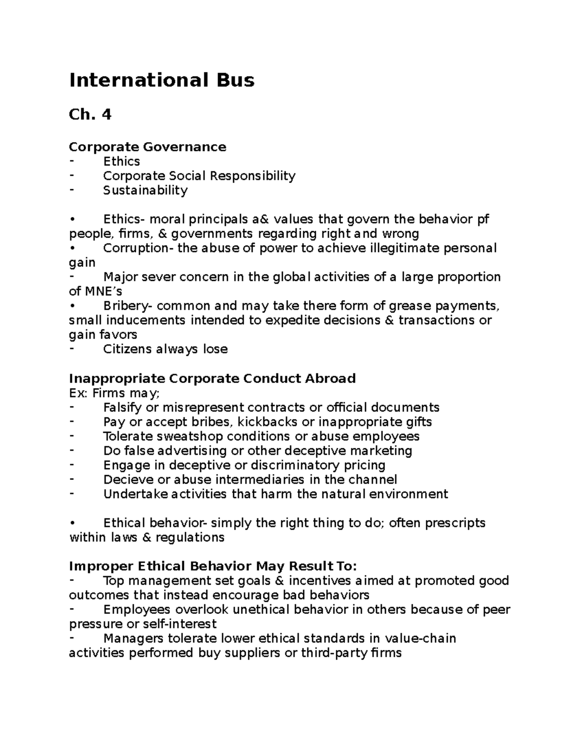 International Bus Ch. 4 - International Bus Ch. 4 Corporate Governance ⁃ Ethics ⁃ Corporate ...