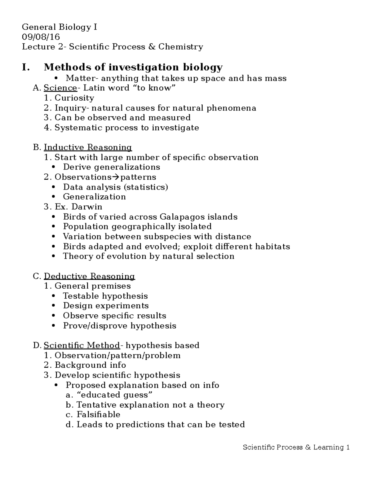 Lecture 2- Scientific Process & Chemistry - General Biology I 09/08 ...