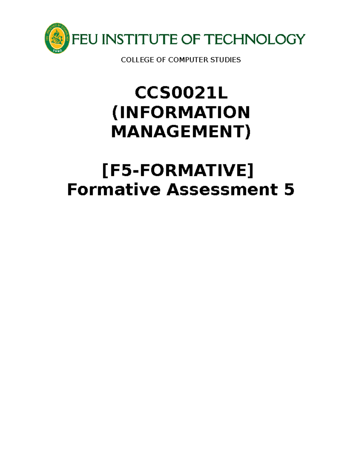 [F5- Formative] NEW Formative Assessment 5 - COLLEGE OF COMPUTER ...