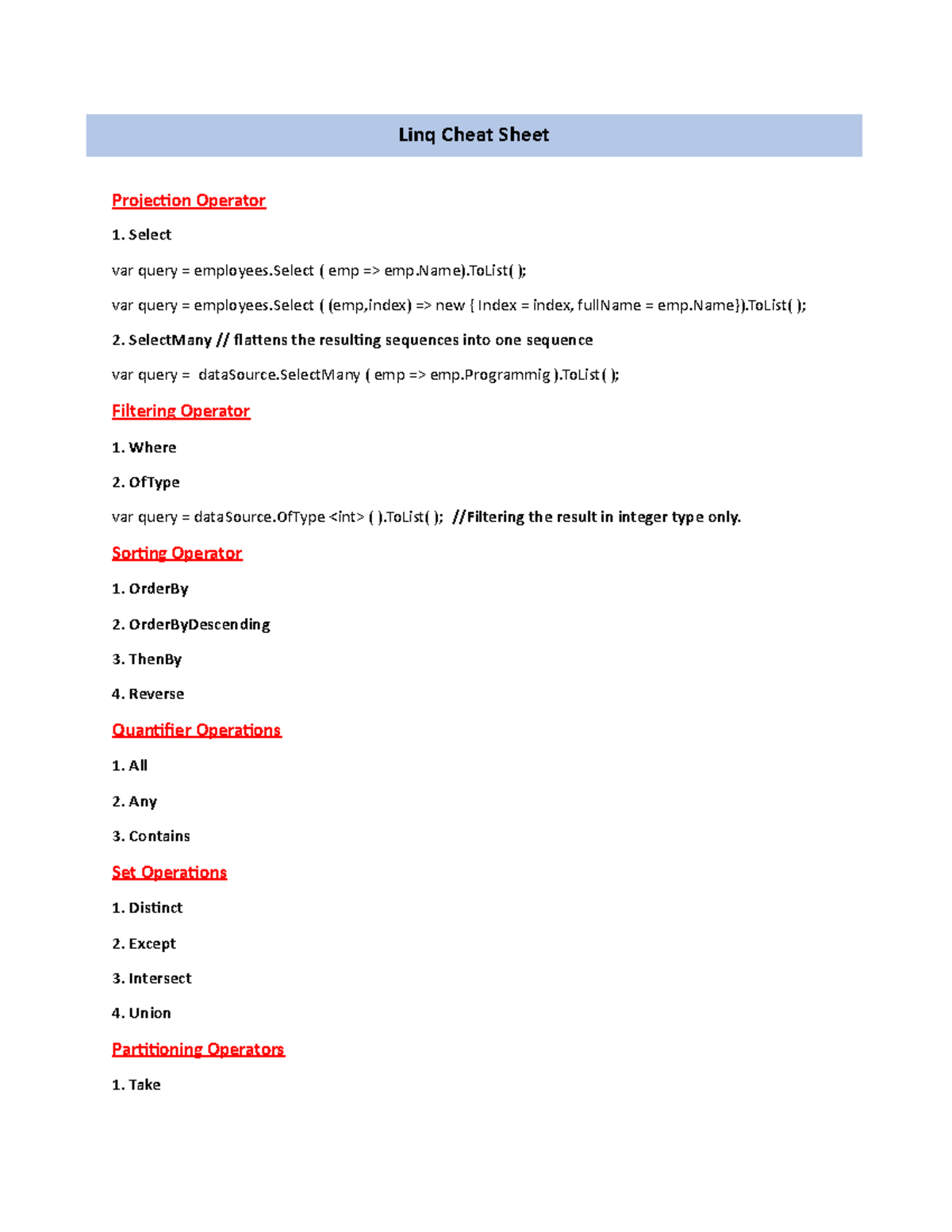 Linq Cheat Sheet Projection Operator Select Var Query Employees