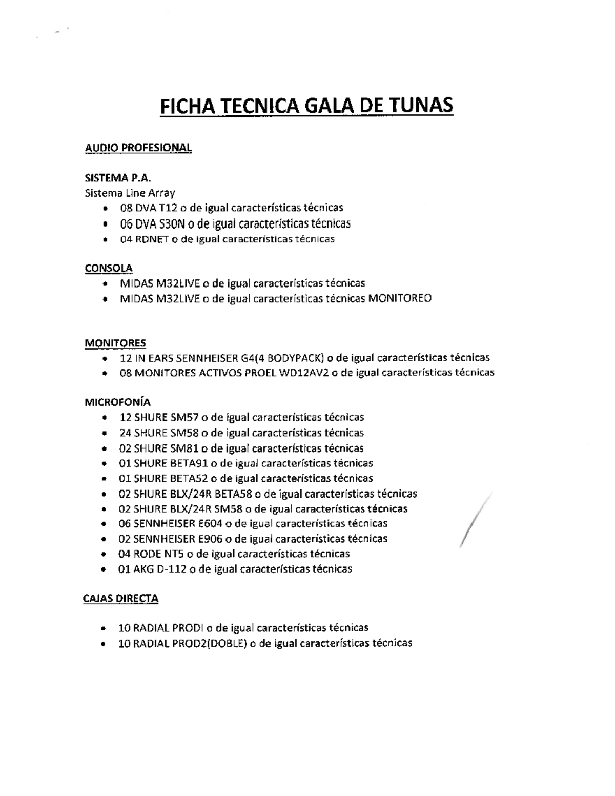 Ficha Técnica 046-22T - FICHA TECNICA GALA DE TUNAS AUDIO PROFESIONAL SISTEMA P. Sistema Line ...