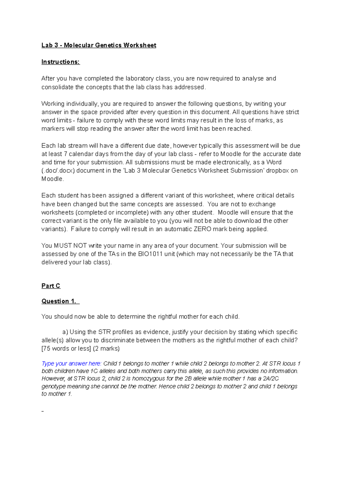 Lab 3 - Molecular Genetics Worksheet third lab - Lab 3 - Molecular ...