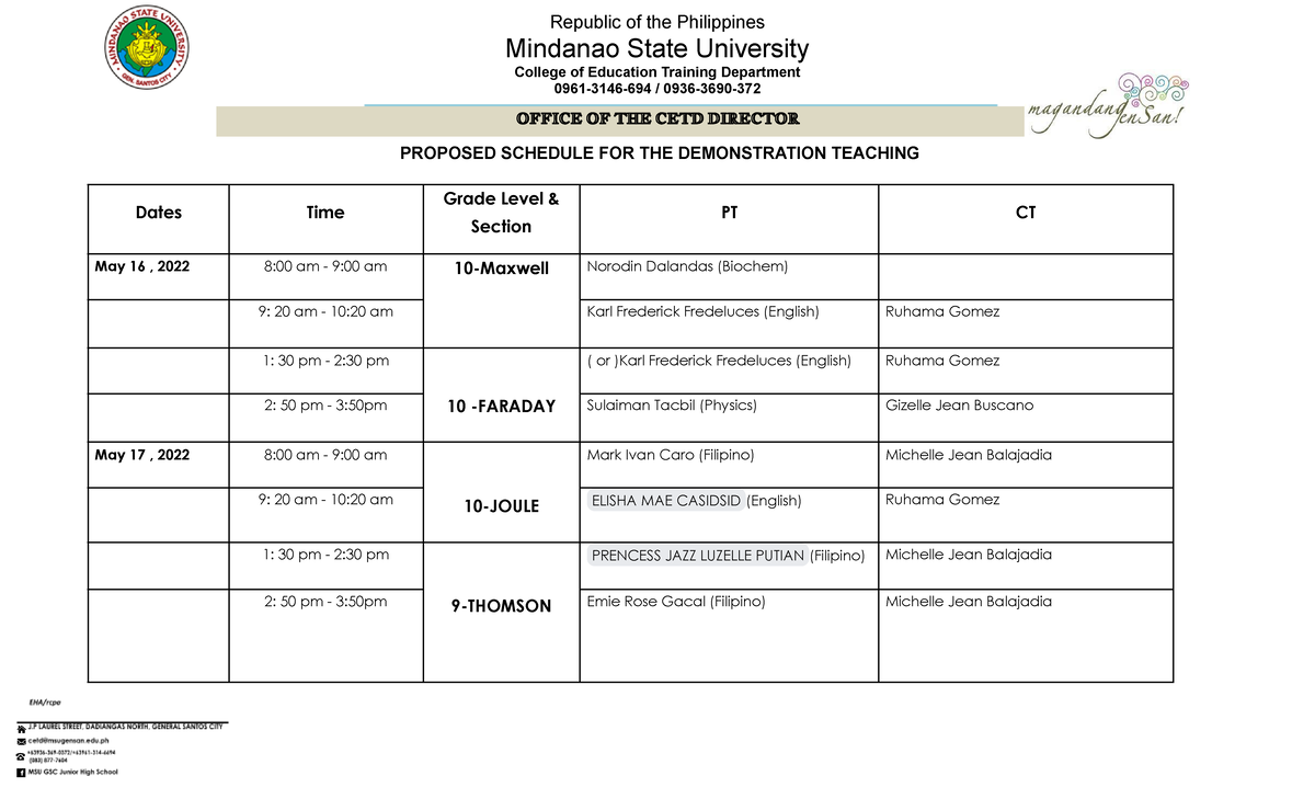 PT-Schedule - Schedule for teaching demonstration - Republic of the ...