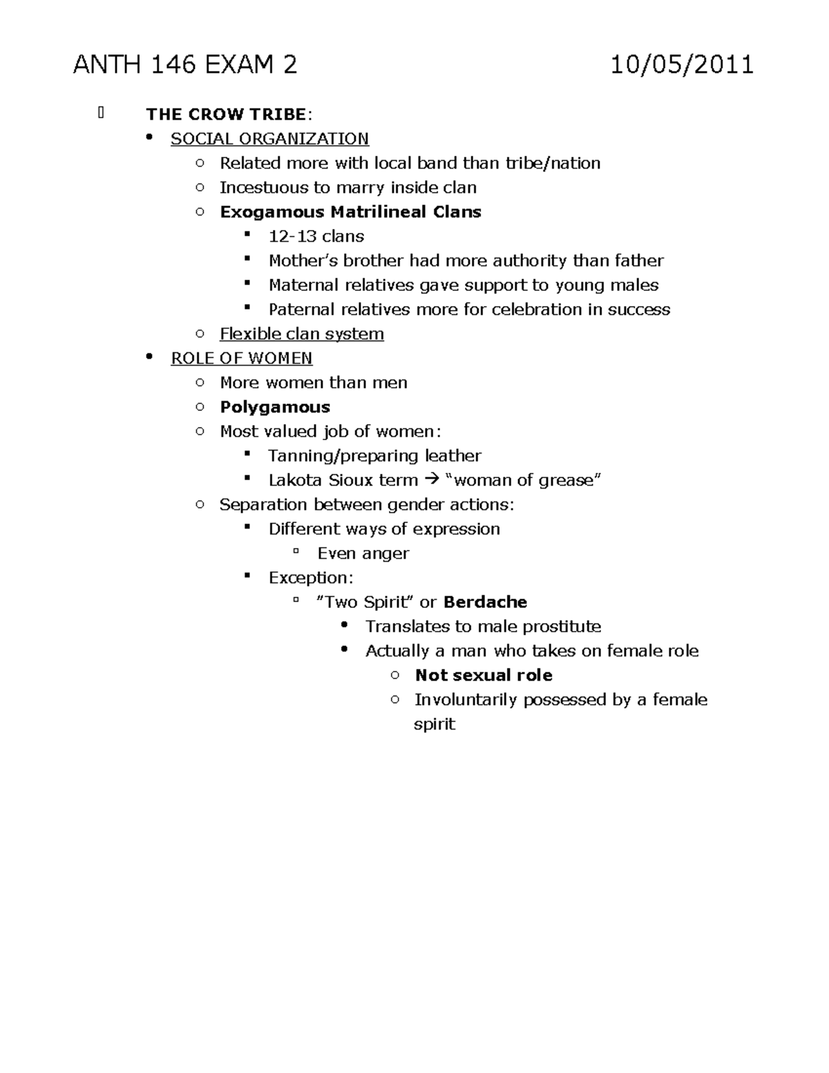 ANTH 146 EXAM 2 - exam study guide - ANTH 146 EXAM 2 10/05/ THE CROW ...