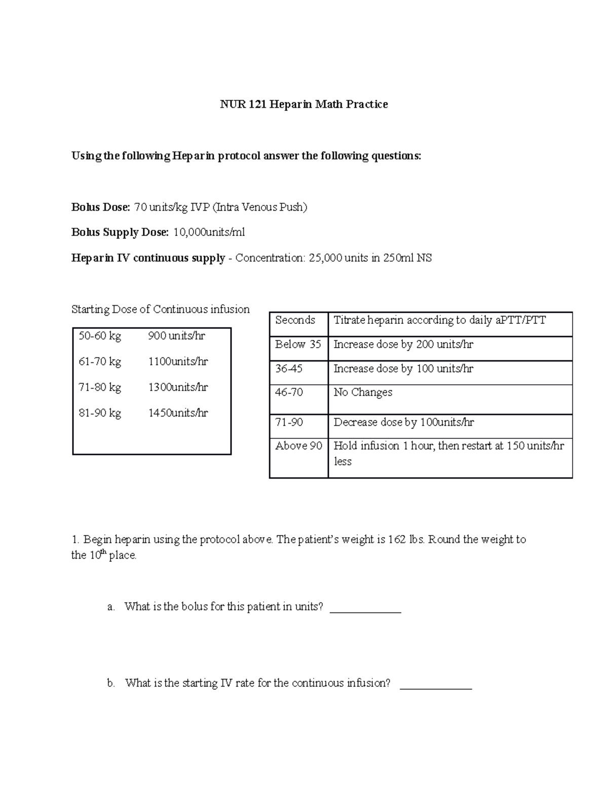 NUR 121 Heparin Math Practice - Studocu