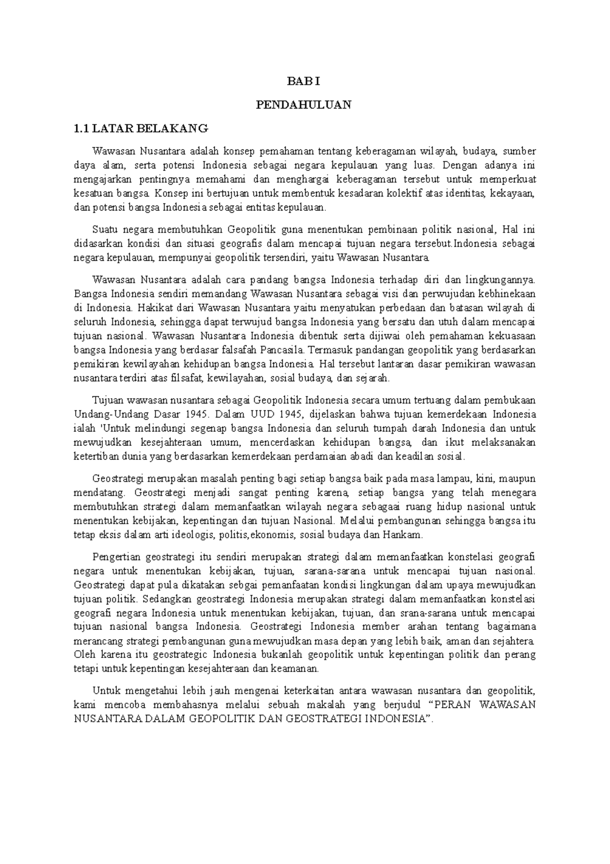 BAB I makalah pdb - bab2 - BAB I PENDAHULUAN 1 LATAR BELAKANG Wawasan Nusantara adalah konsep ...