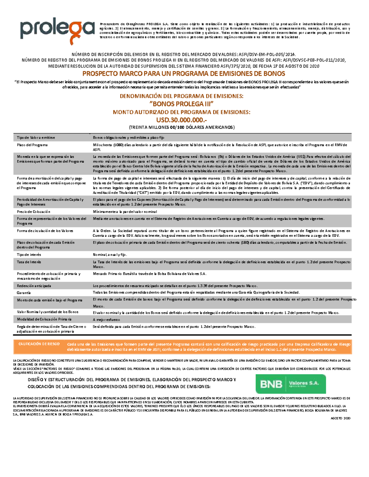 Prospecto Prolega - Preparacion de bonos para 2020 - Procesadora de ...