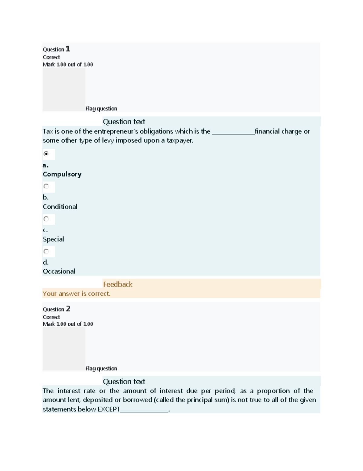 Pdfcoffee - Jjjjjj - Question 1 Correct Mark 1 out of 1. Flag question Question text Tax is one ...