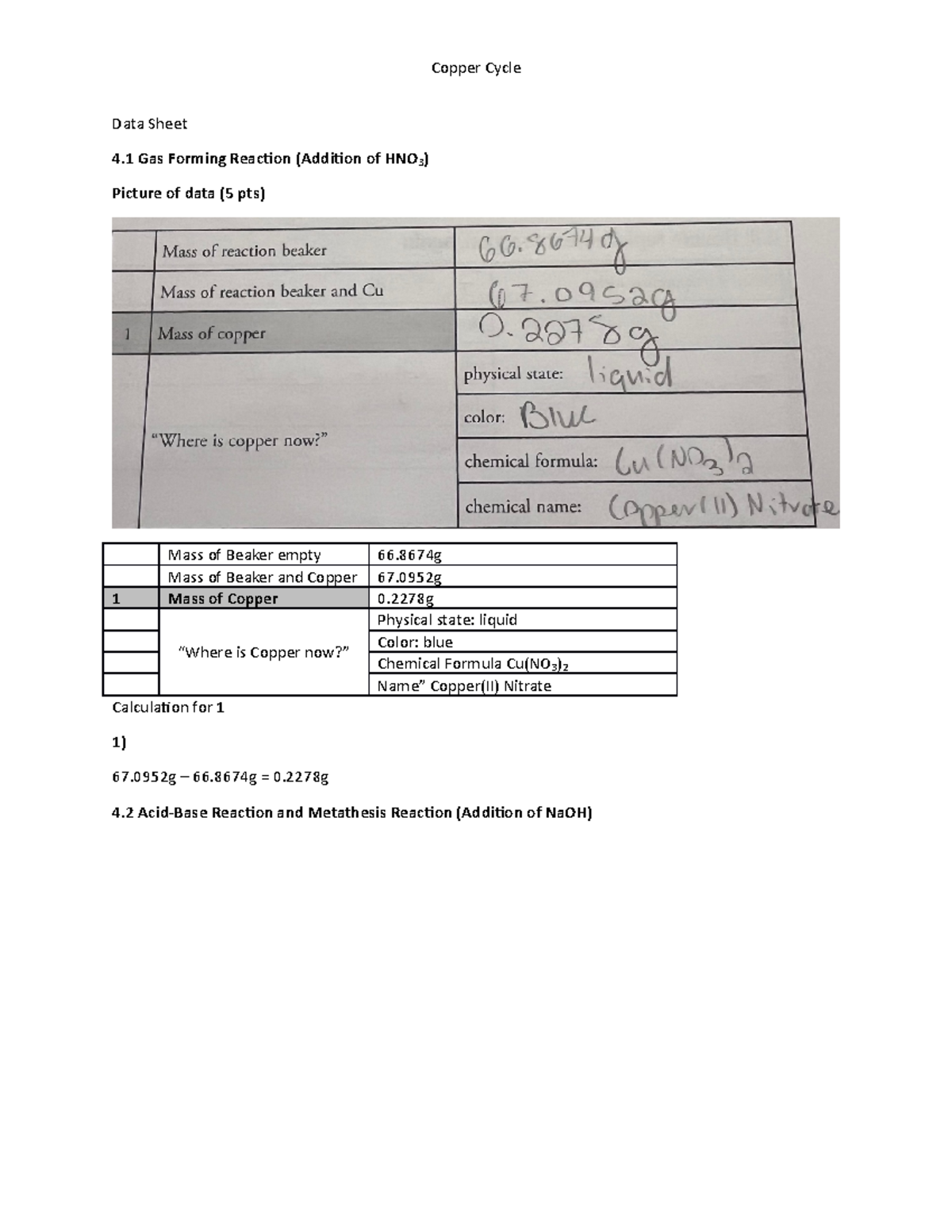 Exp 9 Copper cycle - experiment nine - Data Sheet 4 Gas Forming ...