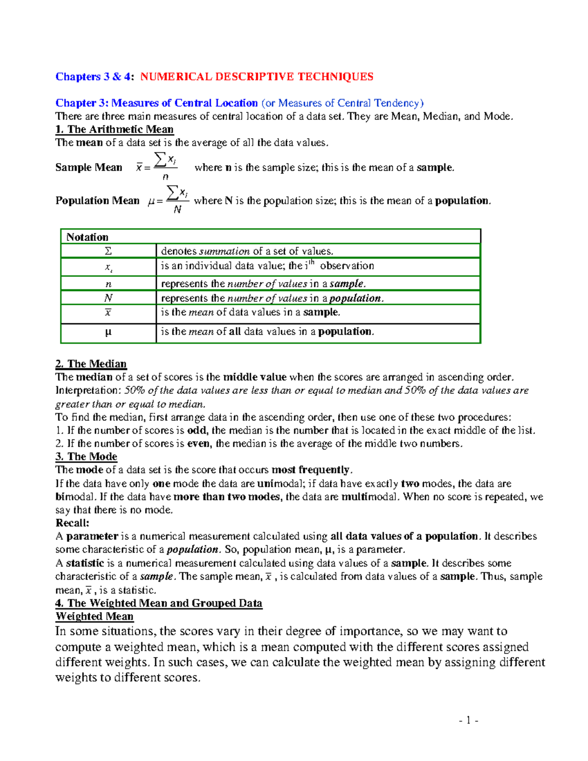 Chapter 3 & 4 - Notes - Chapters 3 & 4 : NUMERICAL DESCRIPTIVE ...