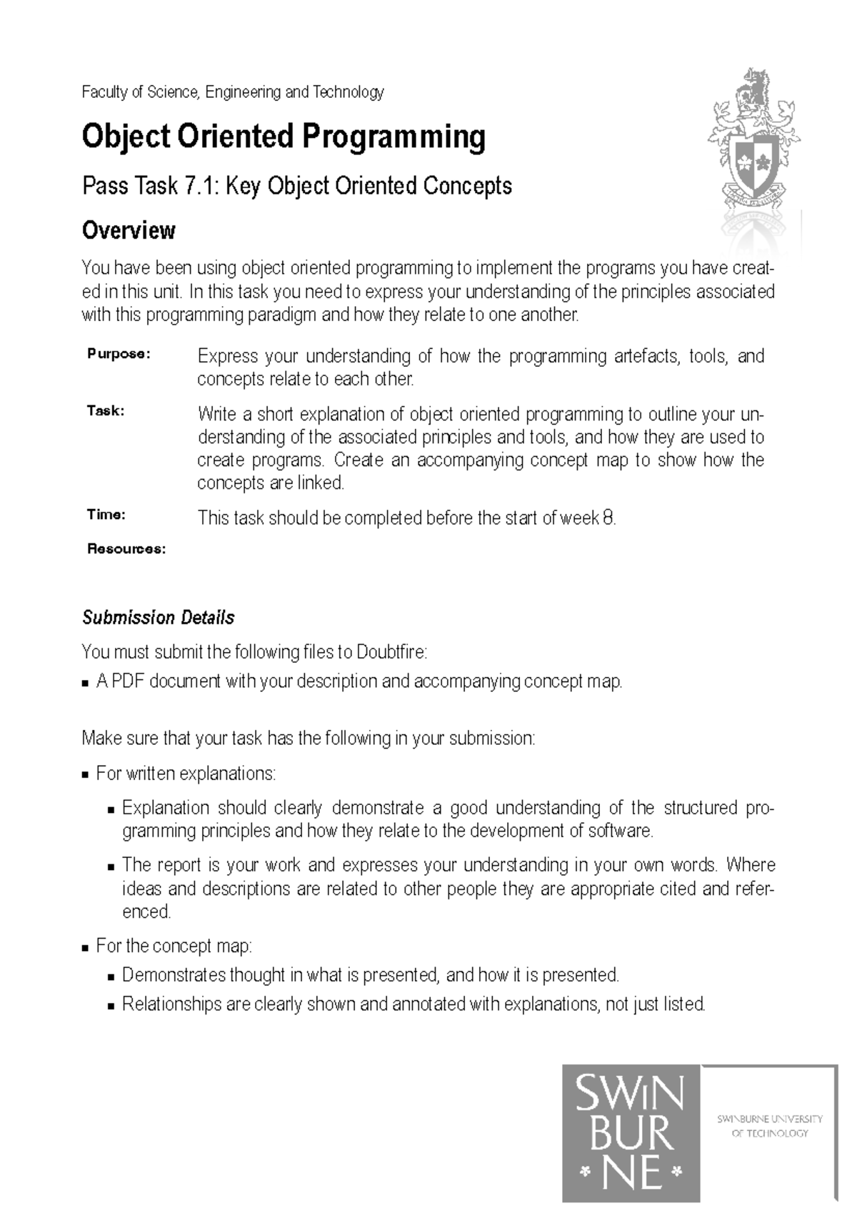 Task 71 Instructions Faculty Of Science Engineering And Technology Object Oriented