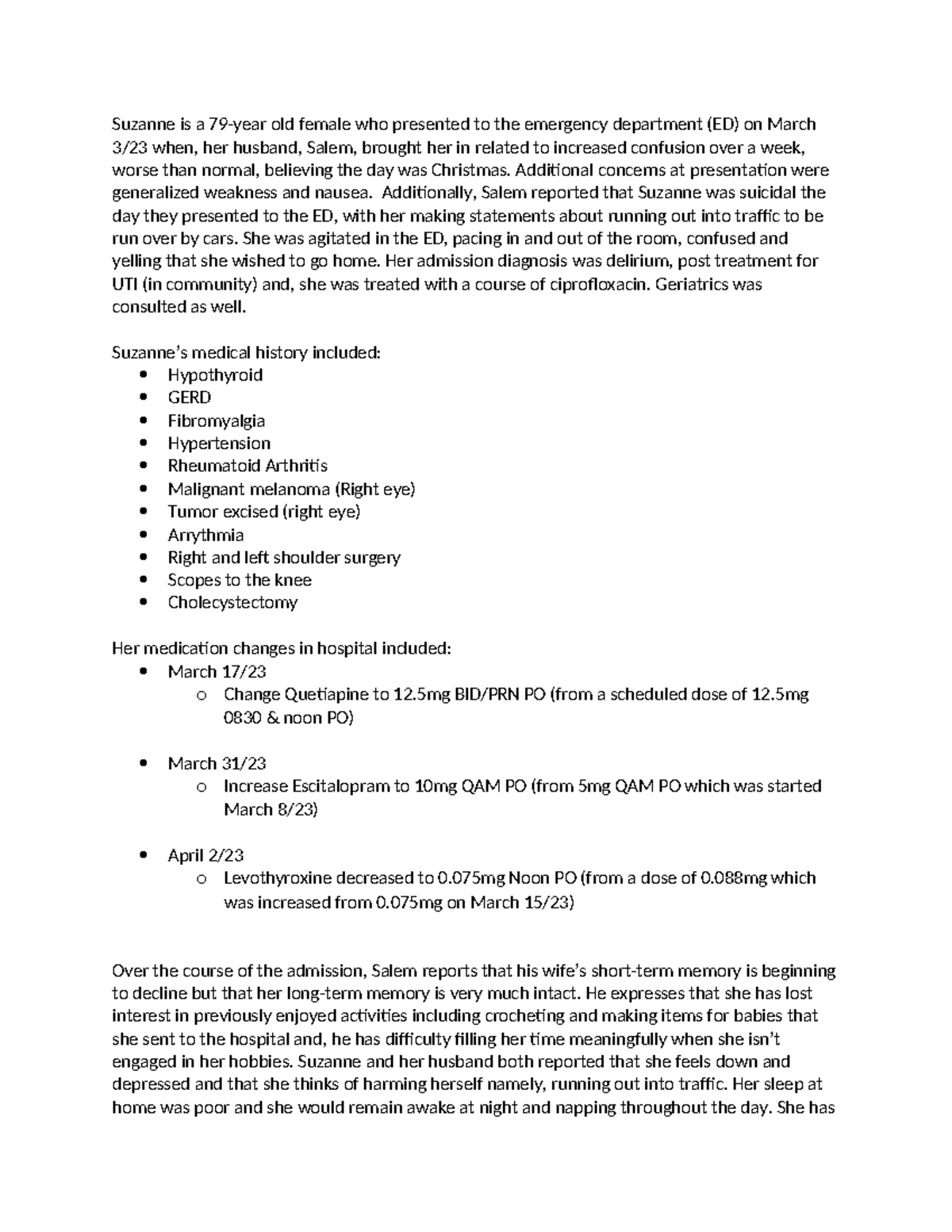Suzanne case study - Suzanne is a 79-year old female who presented to ...
