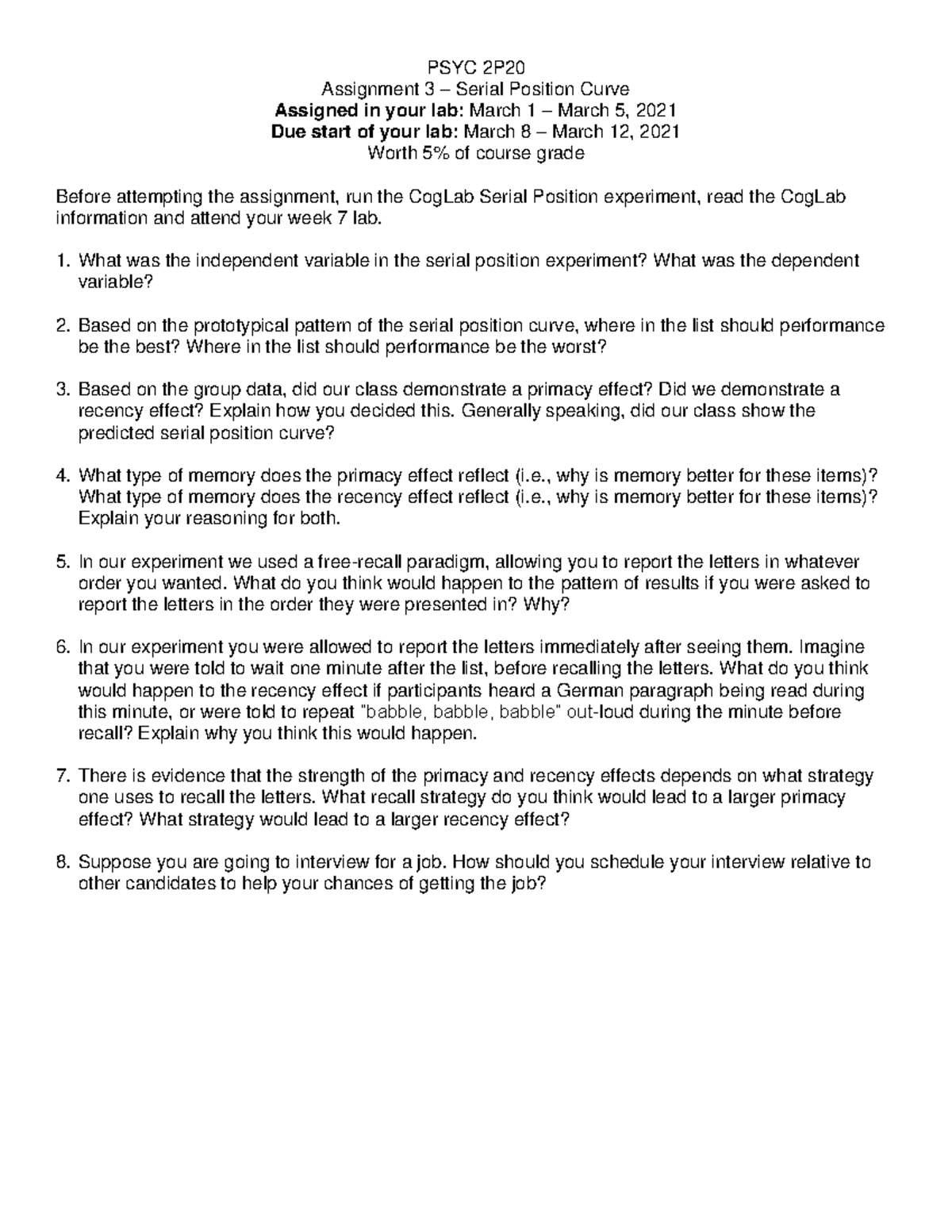 Assignment 3 Serial Position Lab - PSYC 2P Assignment 3 – Serial ...