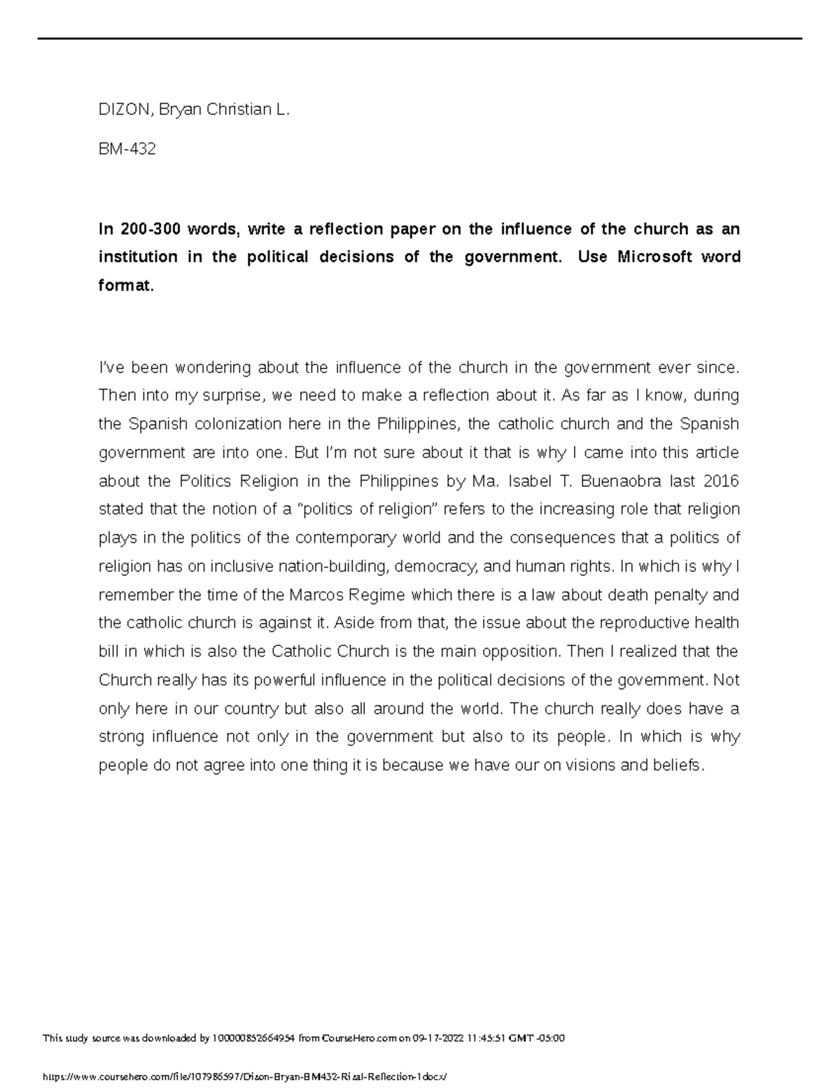 Dizon Bryan BM432 Rizal Reflection 1 - DIZON, Bryan Christian L. BM- In 200-300 words, write a ...