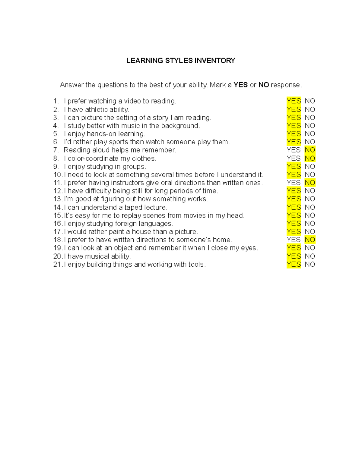 ouassasaasssaass - LEARNING STYLES INVENTORY Answer the questions to ...
