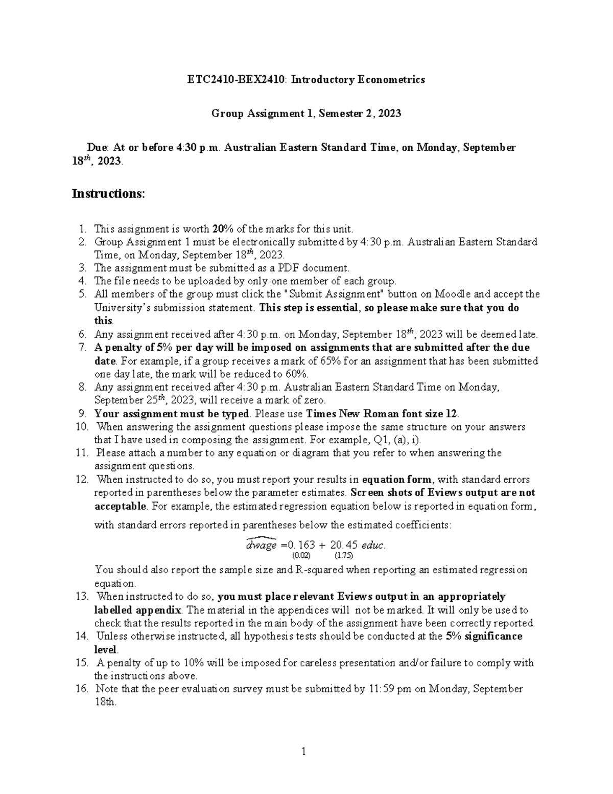 Assignment 1 S2 23 Etc2410 Bex2410 Introductory Econometrics Group Assignment 1 Semester 2
