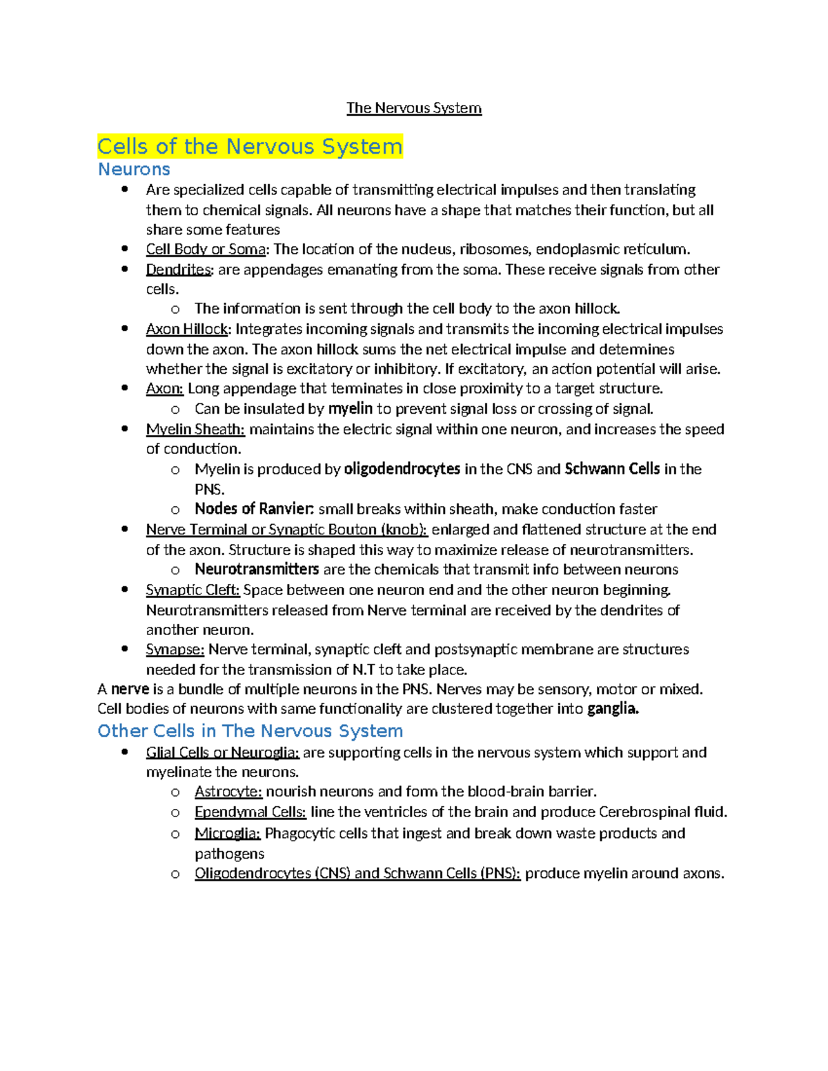 The Nervous System - MCAT - The Nervous System Cells of the Nervous ...