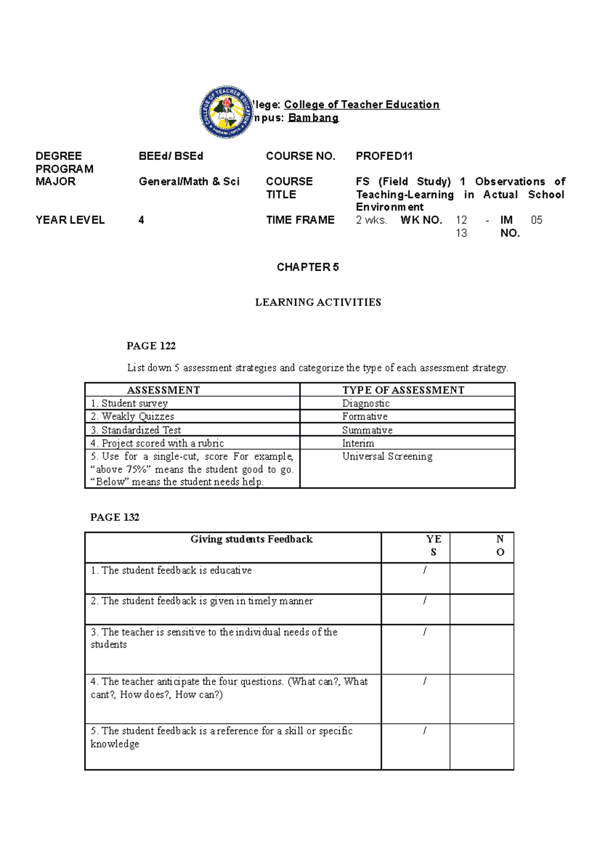 FS 1 Module 5 - Field Study - College: College of Teacher Education ...
