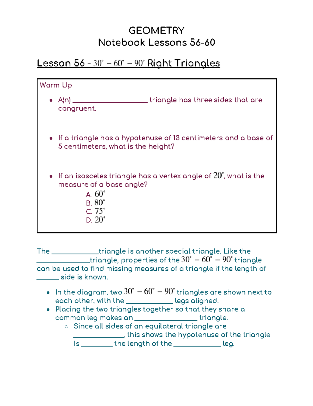 Addi Cline - GEO L56-60 Notebook - GEOMETRY Notebook Lessons 56- Lesson ...