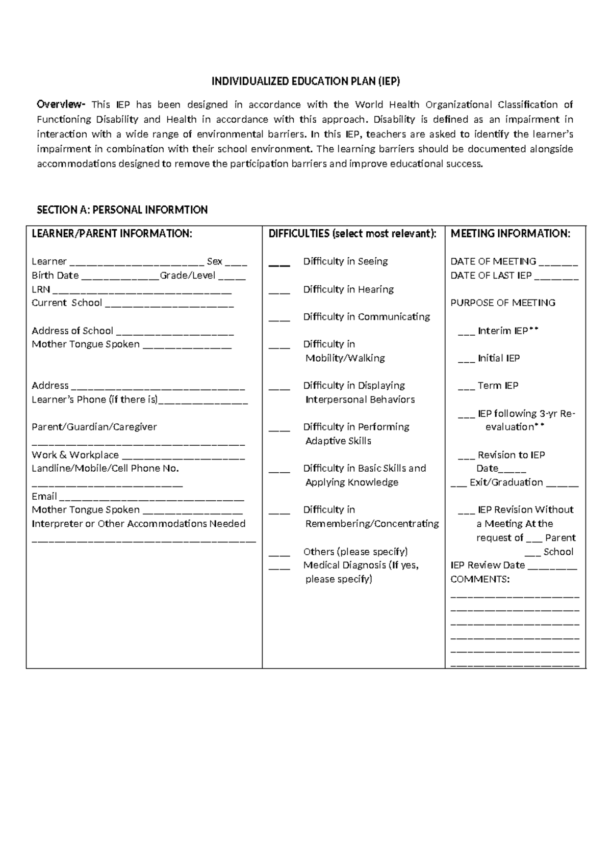 Annex 6 Individualized Education PLAN 1 - INDIVIDUALIZED EDUCATION PLAN ...