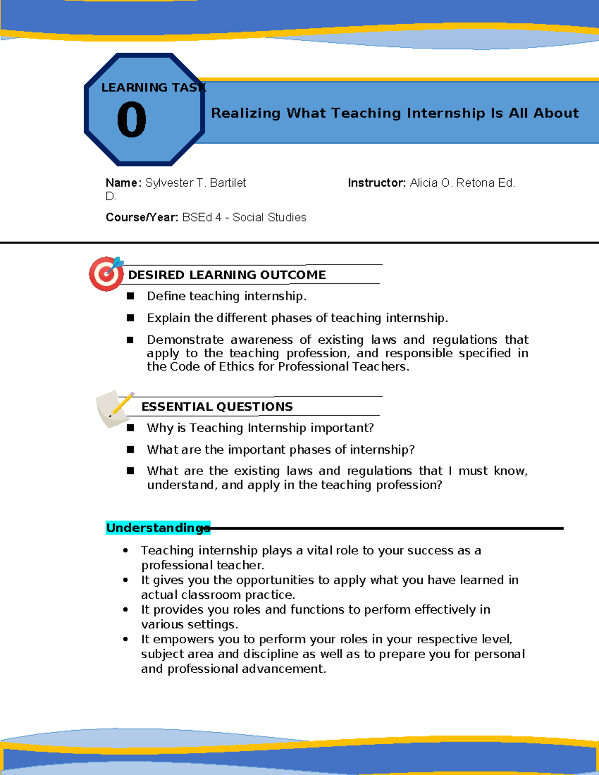 TI-LT 1 - Teaching Internship - Name: Sylvester T. Bartilet Instructor ...