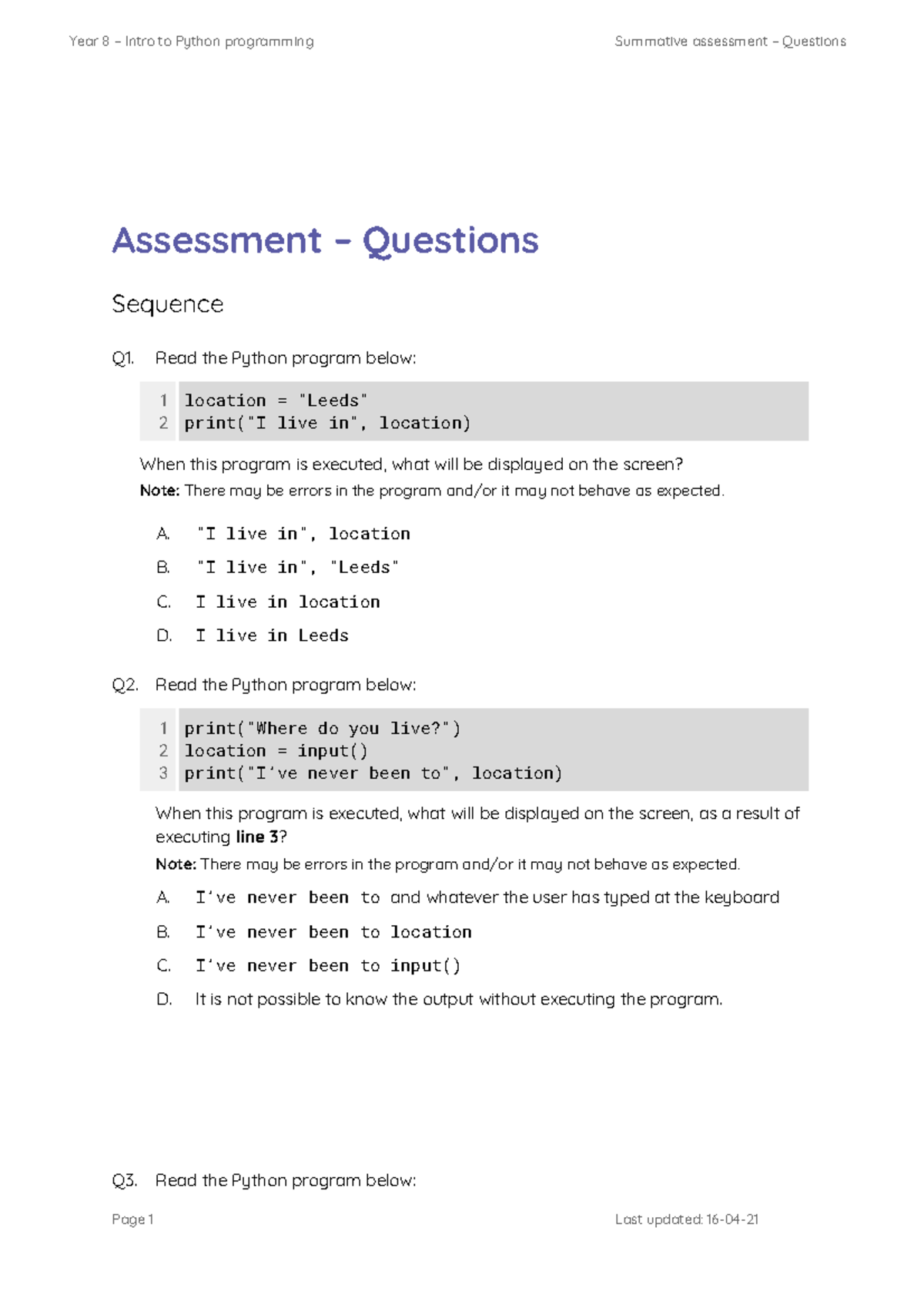 Summative assessment – Introduction to Python programming – Y8 - Year 8 – Intro to Python - Studocu