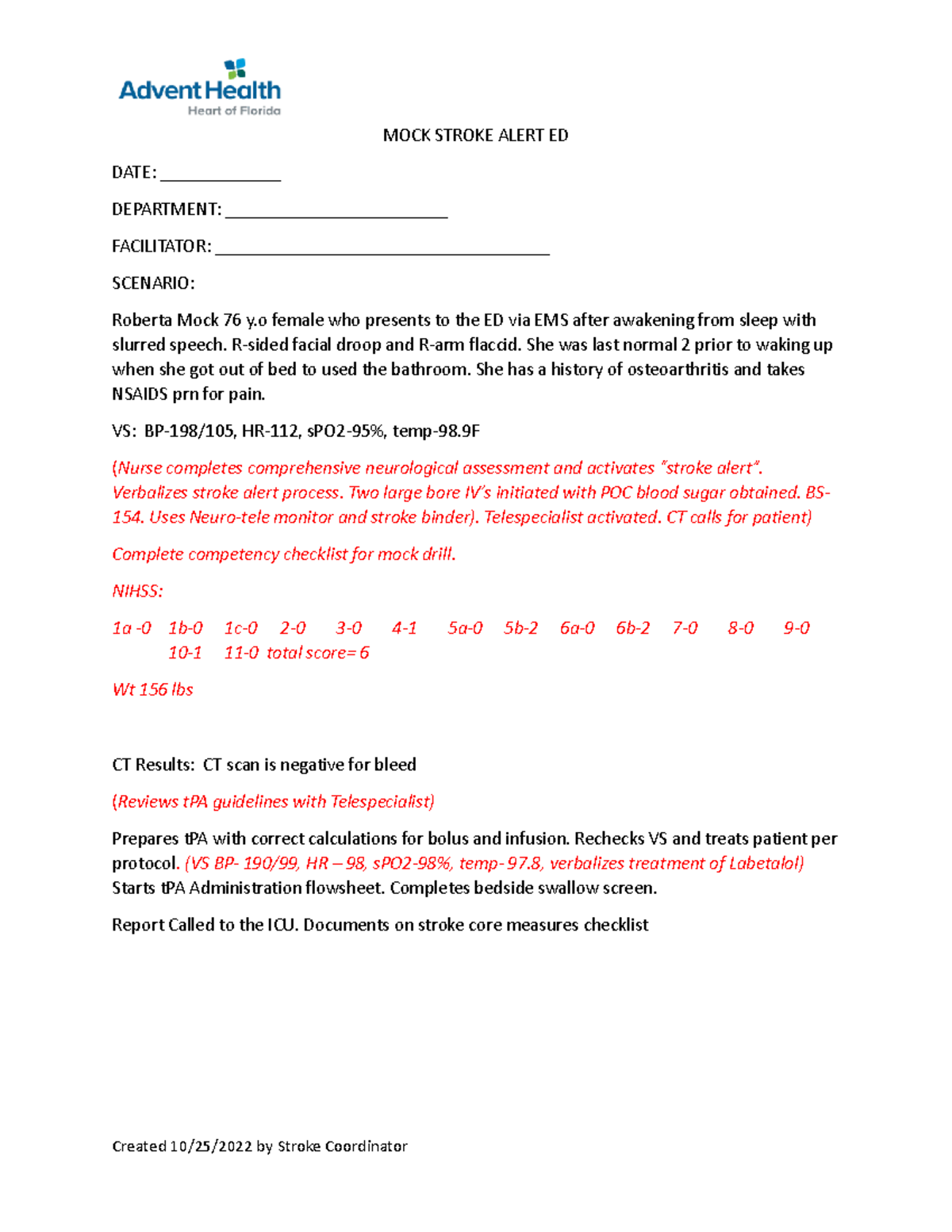 Mock Stroke Scenario - This is for a drill for skill in the hospital ...